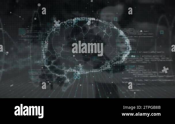 Animation of human digital brain and computer language with dots over black background ...