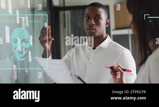 Animation of digital profile picture over diverse coworkers discussing ...