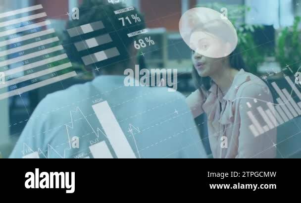 Animation of infographic interface over diverse coworkers sharing ideas ...