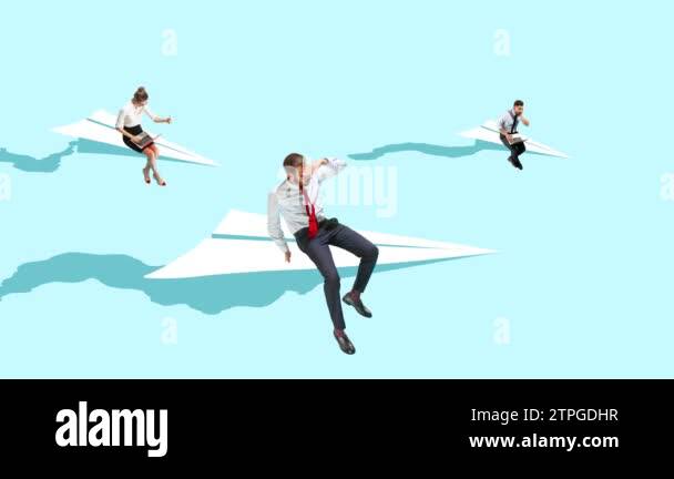 We fly only forward. Leader and teamwork. Young man and woman, clerks ...