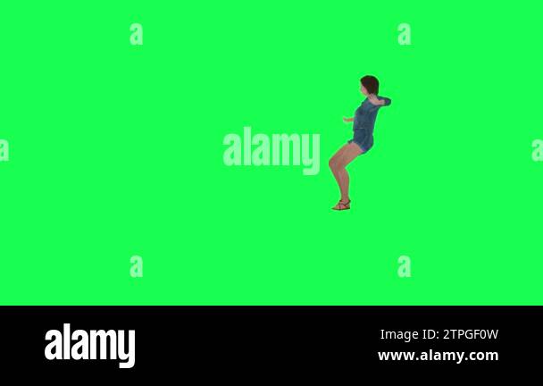 3d animated girl in jeans landing from the sky right angle green screen ...