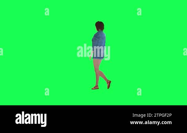 3D cartoon woman in jeans walking in the park back angle green screen ...