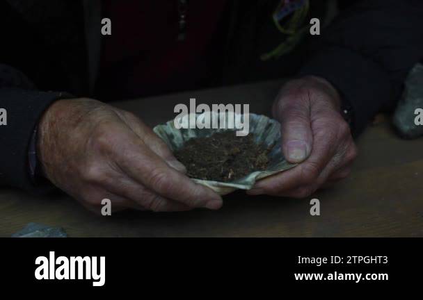 Experience ancient firecraft: skilled hands blend fungus powder in a ...