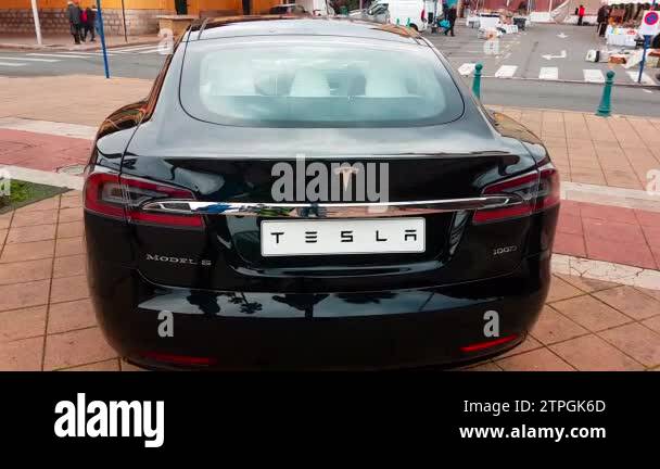 Menton, France - March 3, 2018: Black Tesla Model S (Rear View ...