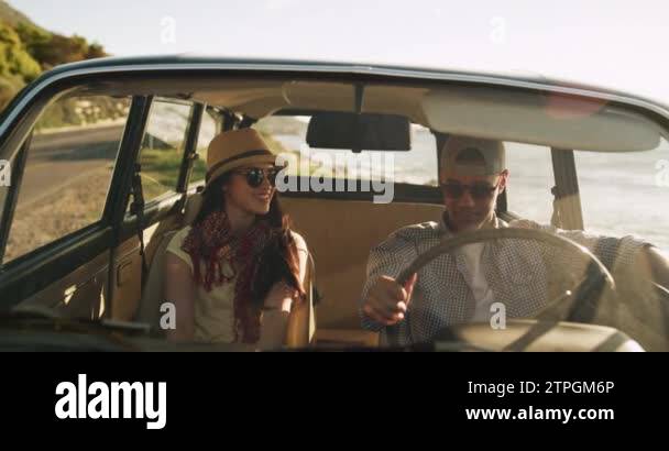 Couple in car, travel and road trip with love and romance, driving and ...