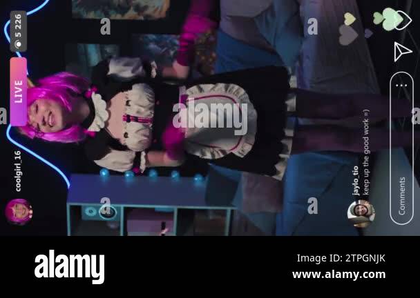 Vertical full length CGI shot of modern young gen Z girl cosplaying cat ...