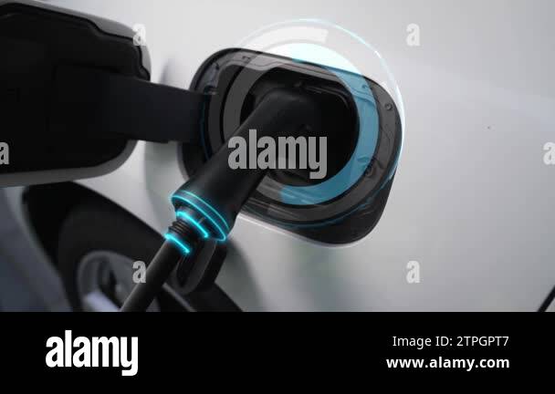 Electric car recharging in futuristic home charging station with smart ...
