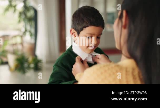 School, ready and mother greet child to start academy, morning routine ...