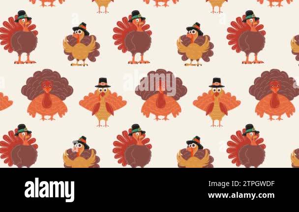 Cartoon Turkey in a pilgrim hat animation Loop Background. Video flat ...