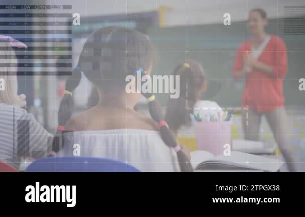 Animation of infographic interface over diverse female teacher teaching ...