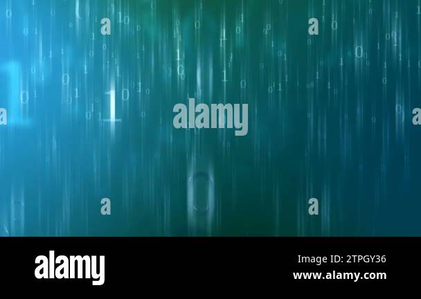 Animated blue green swirling background with falling reflective binary ...