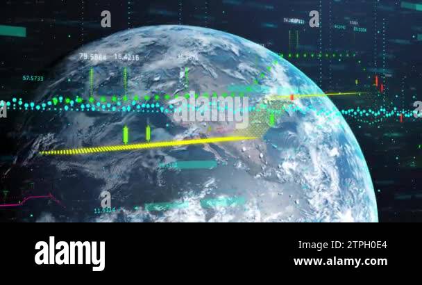 Animation of multiple graphs with changing numbers over globe against space in background ...