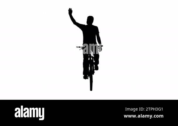 Front view black silhouette of man cyclist riding a bicycle free hands ...