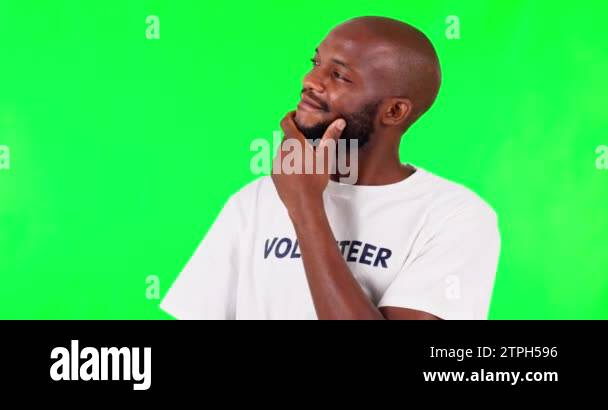 Face, volunteer and man thinking, green screen and opportunity against ...