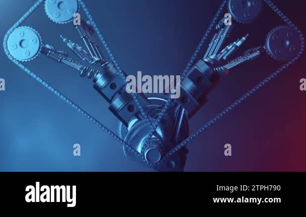 V6 engine inside, animation in motion, pistons, camshaft, chain, valves ...