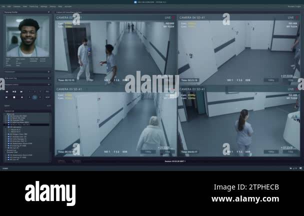 Playback CCTV cameras in modern hospital on computer screen. User ...