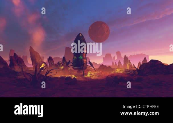 Panorama of a Hot Planet on the Surface of Which There is an Old Rocket ...