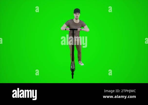 3d green screen male coach riding scooter in the streets of Europe from ...