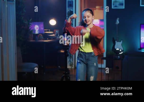 Kid doing viral dance choreography in living room with 3D rendered ...