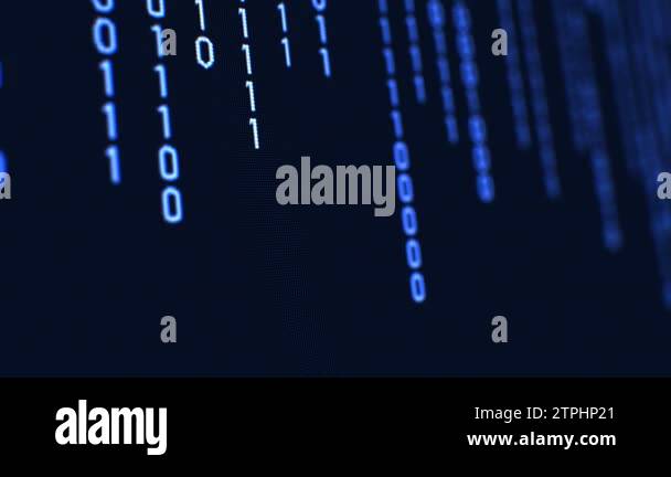 Computer Binary Code Falling Like Matrix on the Data Screen with DOF Blur. Blue Color Data ...