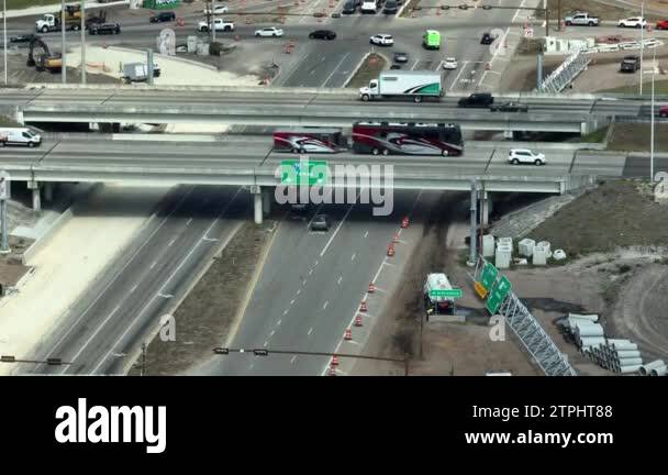 Slow traffic at industrial roadworks in Sarasota, Florida. Wide ...