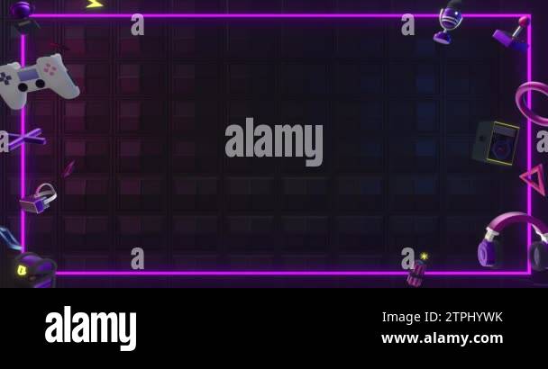 Animation of neon frame, gaming features and equipment on black ...