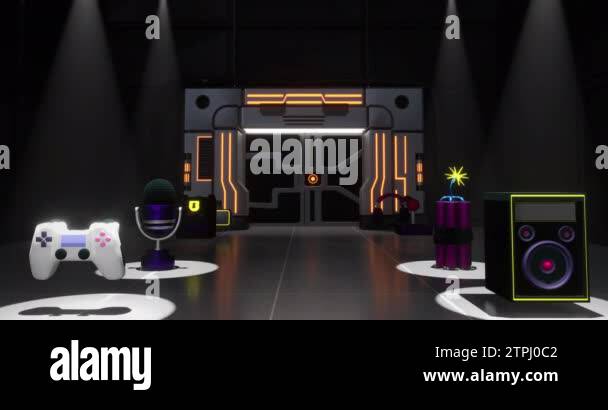 Animation of neon gaming features with stage and spot lights on black ...