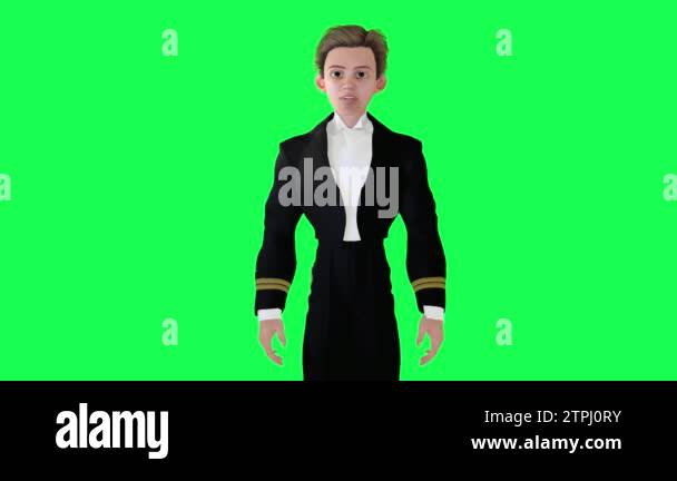 3d boy pilot talking isolated front angle green screen 3d people redner ...