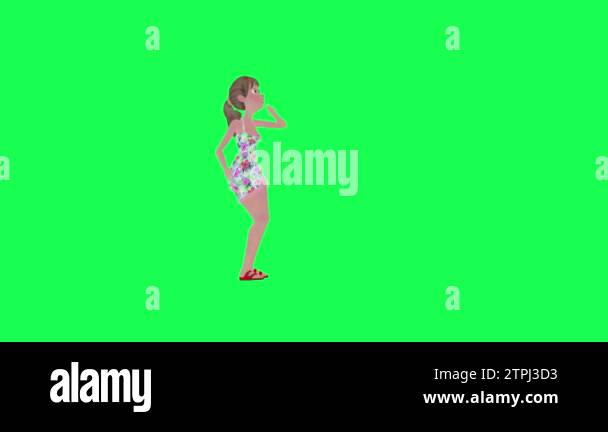 Animated nice girl booty hip hop dance left angle isolated green screen ...