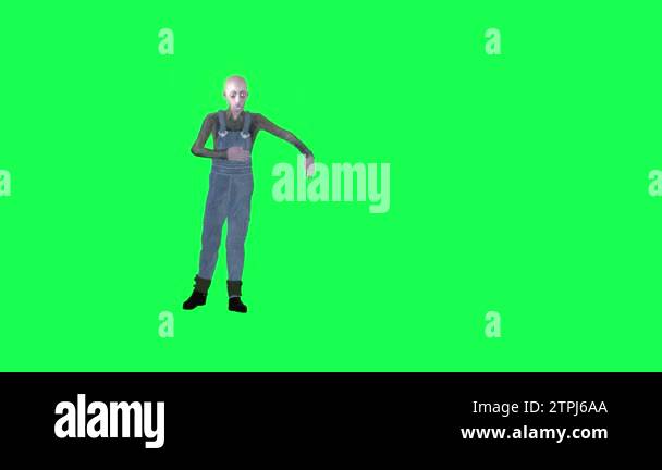 Bald skinny addict man dancing hip hop front angle green screen 3d ...