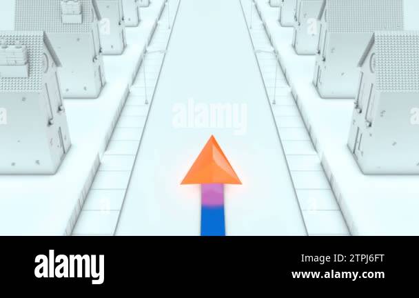 Path Arrow moving forward in the street with houses on both sides. GPS ...