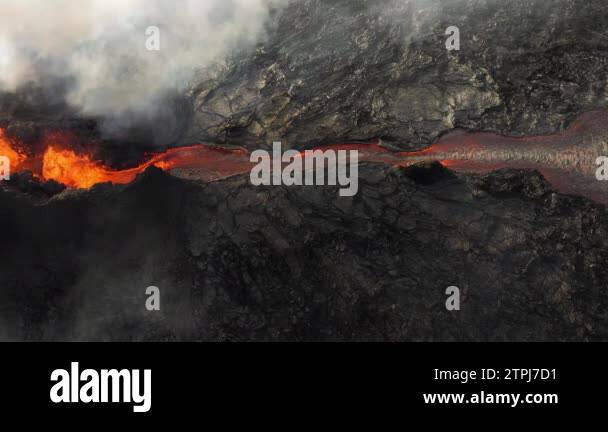 Close up look on Volcanic eruption. Active volcanic crater. Aerial ...