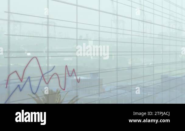 Animation of multiple graphs with changing numbers over fog covered modern city. Digital ...