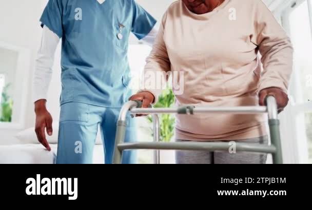Nurse, patient and walker with physiotherapy and help, healthcare and ...