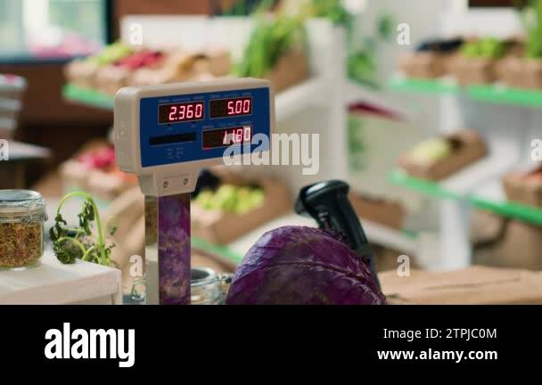 Modern grocery store scale in empty shop used in small business organic ...