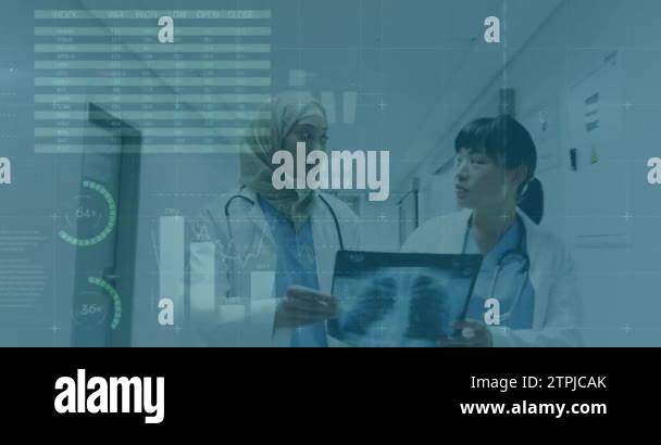 Animation of infographic interface over diverse female doctors walking ...