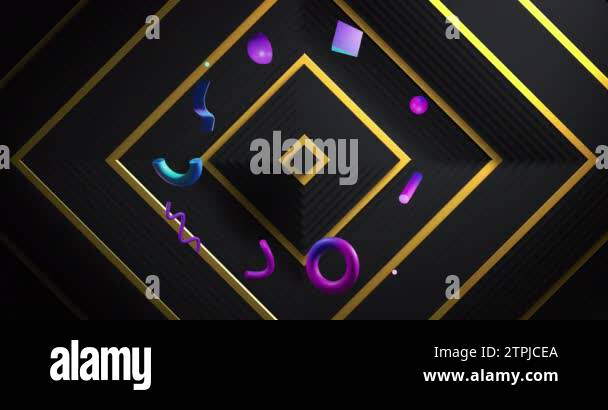 Blue and purple 3d shapes rotating over gold square outlines on black ...