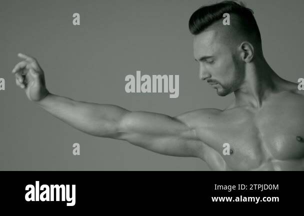 Sportsman, muscles, athlete man, triceps. Athletic caucasian, six pack ...