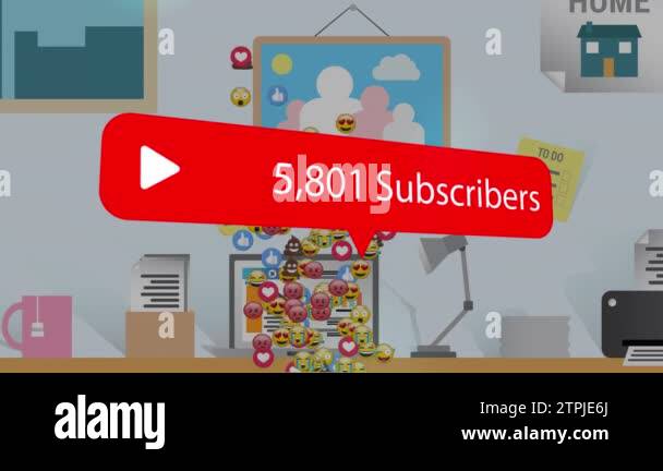 Animation of subscribers growing number with emoji icons over office ...
