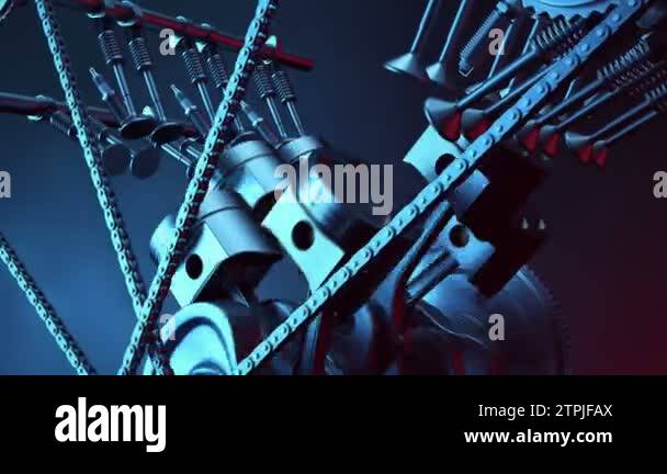 V6 engine inside, animation in motion, pistons, camshaft, chain, valves ...