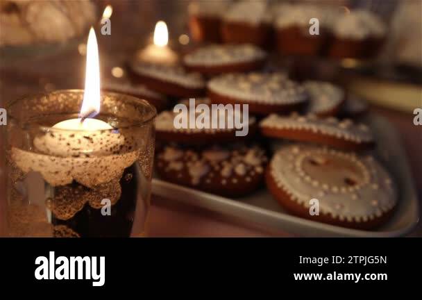 Candy bar in the restaurant, childrens party, birthday, lighted candle ...