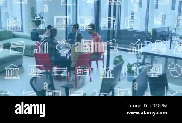 Animation of multiple icons over diverse coworkers sharing ideas in ...