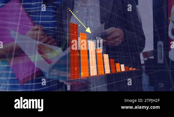 Animation of falling graph, computer language, diverse female coworkers ...