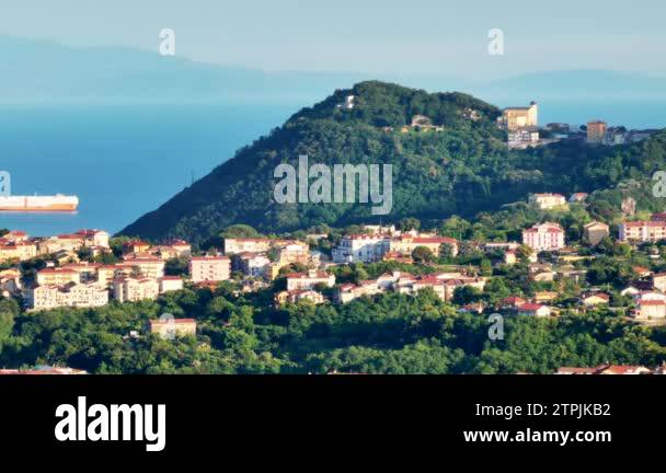 Amalfi coast aerial view at sunrise, Italian seaside near Naples, towns ...