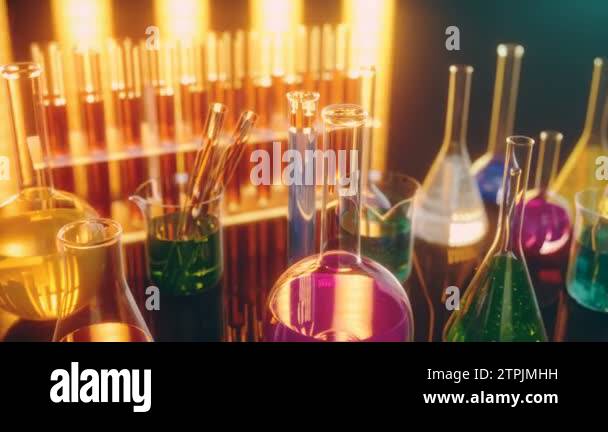 Laboratory flasks with colored liquids. Science and chemical, chemistry ...