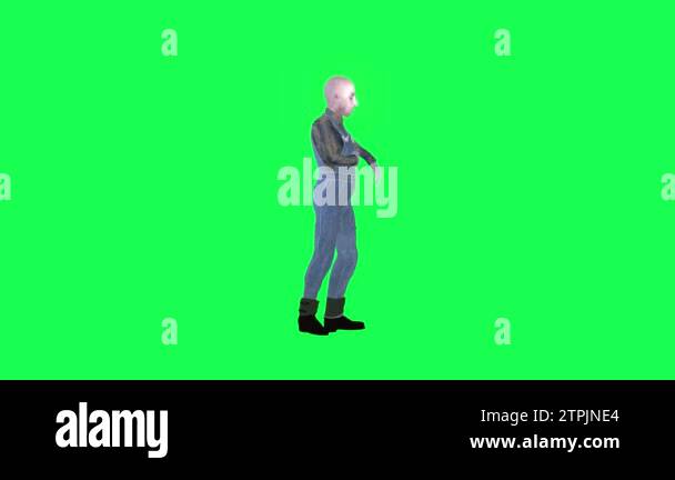 Bald skinny addict man dancing hip hop left angle green screen 3d ...