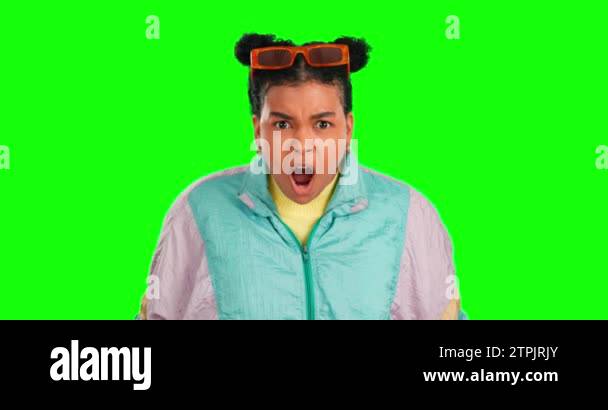 Face, green screen and woman shocked, wow and announcement against a ...