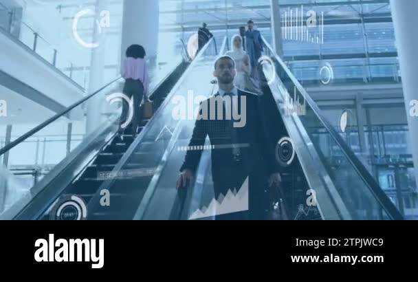 Animation Of Graphs Loading Bars And Circles Over Caucasian Man Getting Down Using Escalator