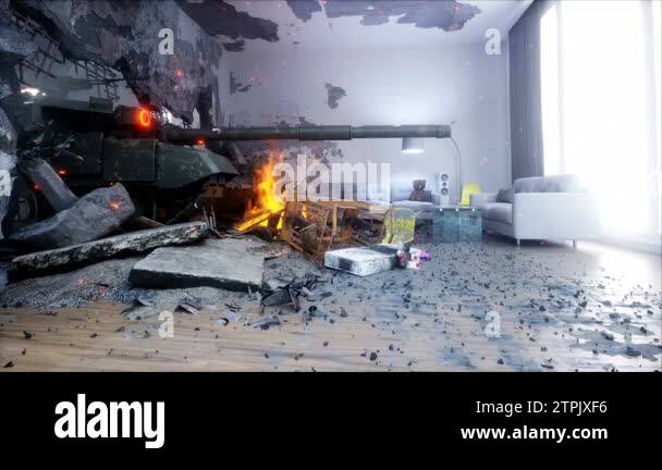 anti-war concept. military tank invaded in house. Realistic 4k ...