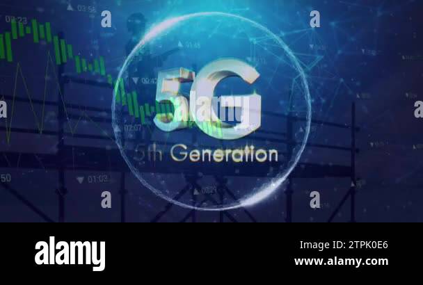 Animation of 5g, 5th generation text in circle, graph, connected dots ...